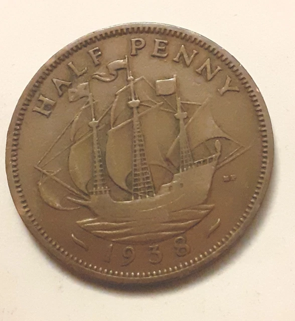 1938 FREE,HALF PENNY Elizabeth Ii Golden Ship Pre-Decimal A Stunning ...