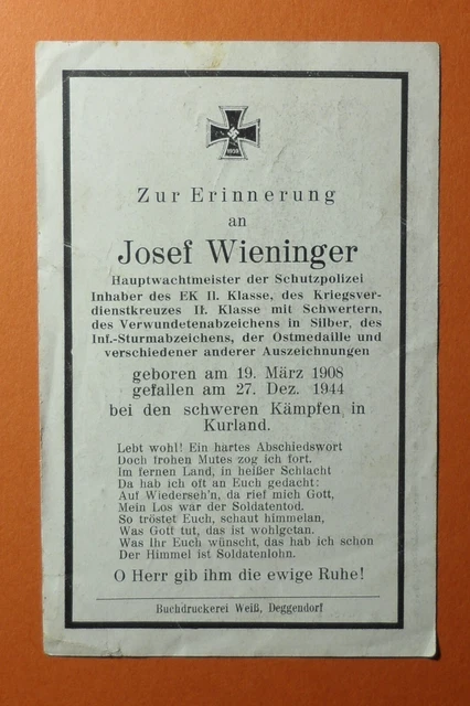WW2 GERMAN DEATH Card Sterbebild Schutzpolizei Police Sergeant Dec 1944 ...