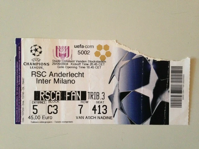 TICKET MATCH LIGUE Des Champions // Anderlecht - Inter Milano 29 ...