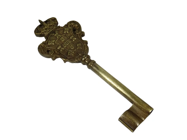 SOLID BRONZE ANTIQUE Skeleton Key Coat Of Arms Portuguese 1890S 19Th ...