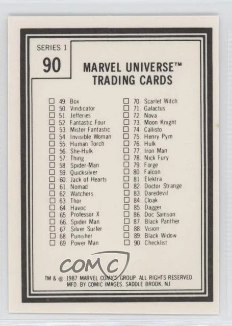 1987 COMIC IMAGES Marvel Universe Checklist Checklist Cards 1-90 #90 ...