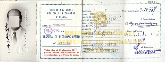 TESSERA RICONOSCIMENTO UNIONE Nazionale Ufficiali In Congedo 1963 ...
