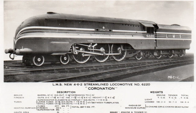 P/CARD LMS &CORONATION& CLASS 4-6-2 No 6220 "CORONATION" R/PHOTO SEE ...