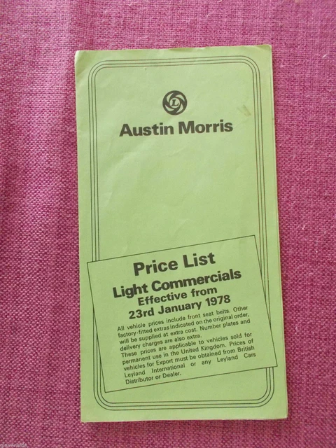 1978 AUSTIN / Morris Commercials Price List. Van Pick-Up Mini Marina ...