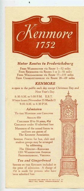 KENMORE 1752 BROCHURE Fredericksburg Virginia 1950s Home Colonel Fielding Lewis $25.19 - PicClick CA