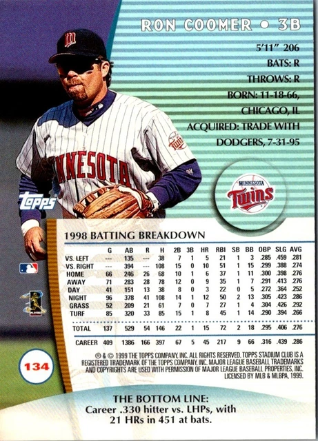 CARTE DE BASEBALL 1999 Stadium Club Ron Coomer #134 Minnesota Twins EUR ...