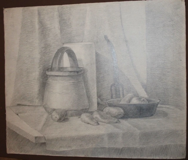 ANTIQUE PENCIL DRAWING still life with pot, frying pan and vegetables ...
