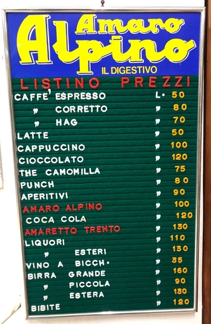 TABELLA PUBBLICITARIA DA bar con listino prezzi dell' Amaro Alpino ...
