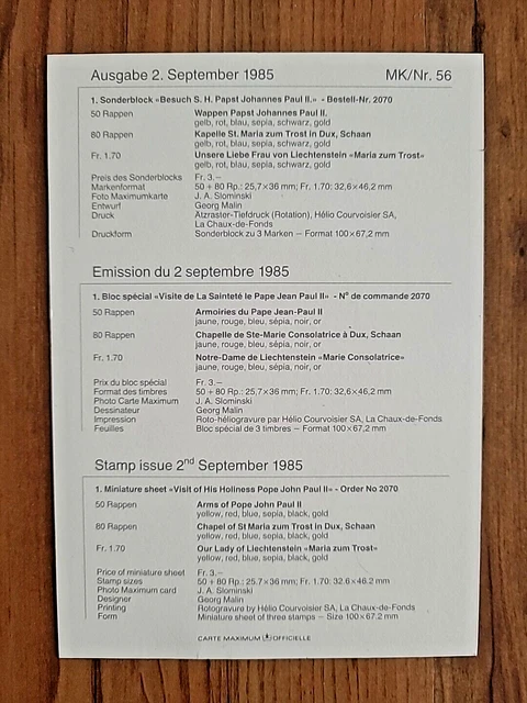 LICHTENSTEIN - VISIT Pope John Paul II No 56/1985 # *898 £0.88 ...