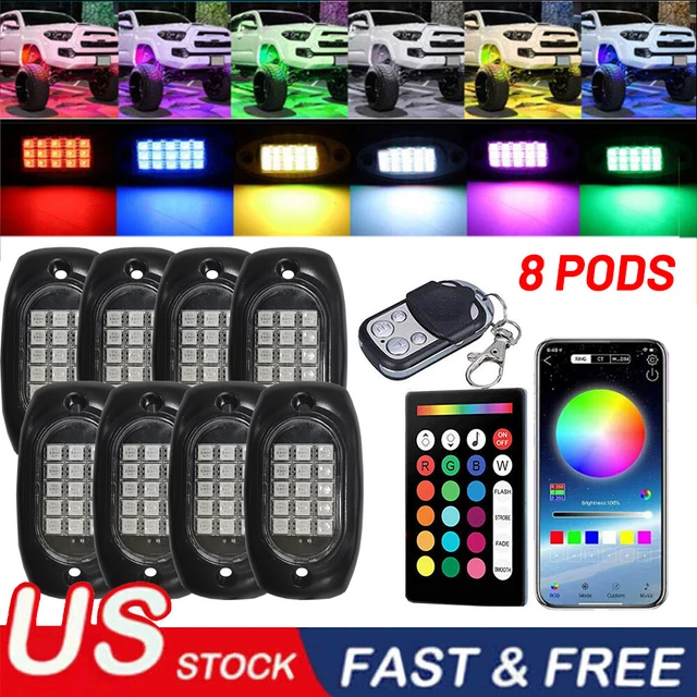 8X RGB LED Pods Rock Light Kit Underbody Glow Neon Lamp Bluetooth Music ...