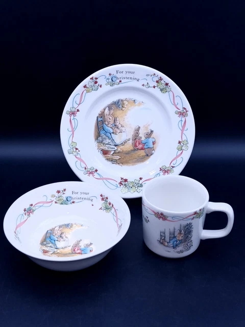 WEDGWOOD PETER RABBIT For Your Christening Cereal Bowl-Mug-Plate Set £ ...