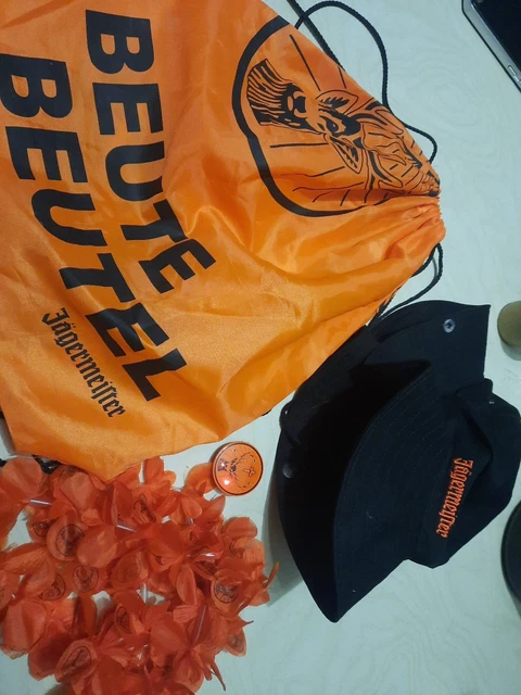 JÄGERMEISTER HUT + Pin mit Blinklicht + Boa Kette + Beute Beutel, Party ...