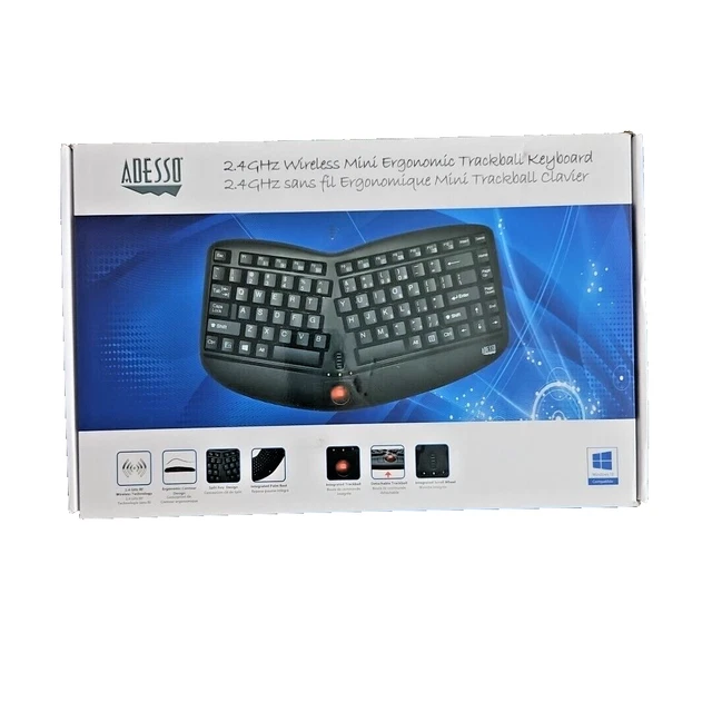 ADESSO MINI KEYBOARD Wireless Ergo Trackball Keyboard Split Ergonomic ...