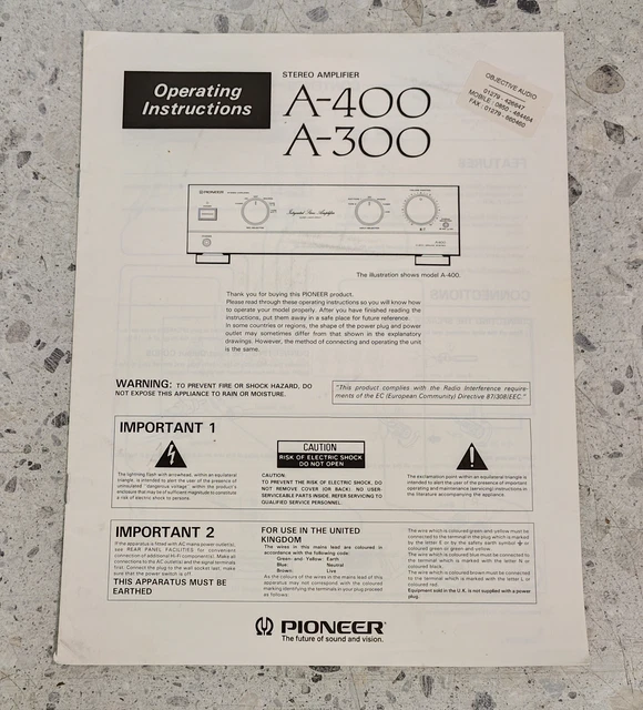PIONEER A-300 A-400 amplifier original OWNERS manual JAPAN £10.00 - PicClick UK