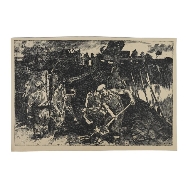 1962 HUNGARIAN ETCHING – Soldiers/Workers Digging – Cold War Labor ...
