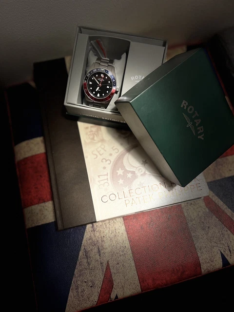 ROTARY MENS HENLEY GMT Stainless Steel Red Blue And Black Dial Bracelet ...