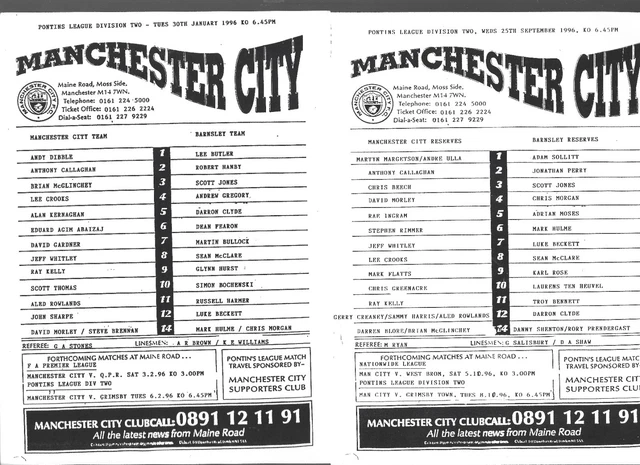 7 X MANCHESTER City v Barnsley Reserve 85/86 to 98-99 team sheets £7.59 ...