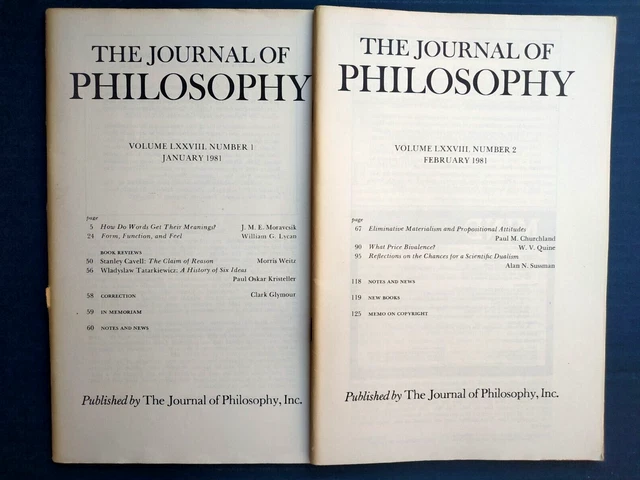 THE JOURNAL OF Philosophy (Vol. LXXVIII, Nos. 1-2, 1981) £20.00 ...