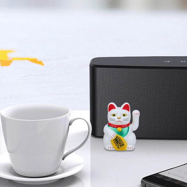 WHITE PLASTIC MANEKI Neko Beckoning Lucky Money Cat Waving Arm For Good ...