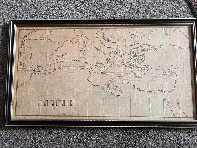 VINTAGE NAVAL MARITIME Nautical Route Map 1930s HMS GLORIOUS Hand Drawn ...
