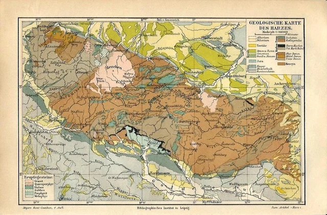 CARTA GEOGRAFICA ANTICA HARZ carta geologica Bassa Sassonia 1890 Old ...