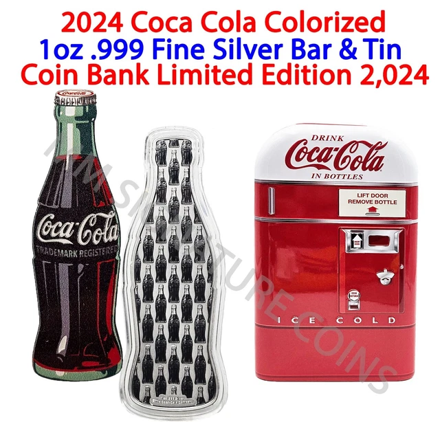 2024 1 OZ .999 Silver Coca Cola Bottle Colorized w Coke Vending Machine ...