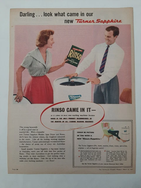 VINTAGE AUSTRALIAN ADVERTISING 1957 ad TURNER SAPPHIRE WASHING MACHINE ...