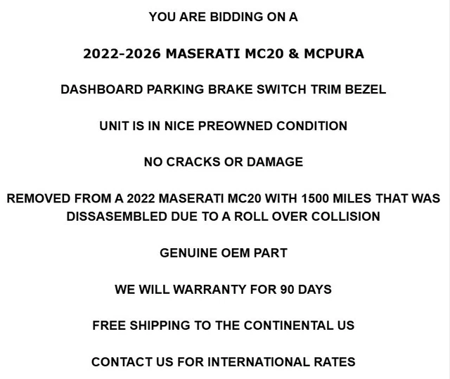 2022-2026 MASERATI MC20 MCPura Parking Brake Switch Trim Bezel Plate ...