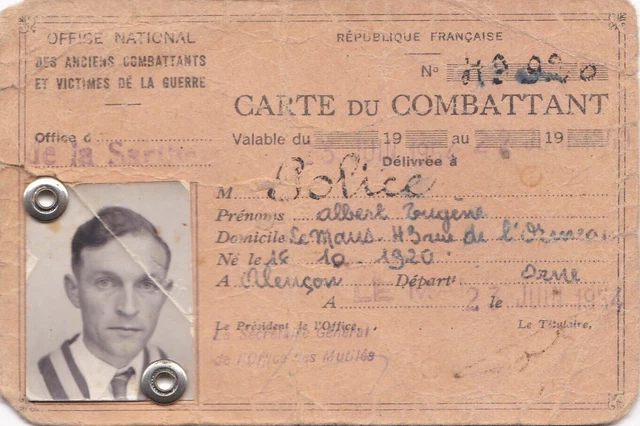 CARTE DU COMBATTANT Ancienne 1954 Mr Police Albert Le Mans EUR 3,00 ...