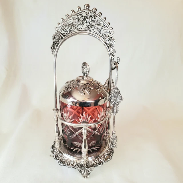 VICTORIAN CRANBERRY GLASS Cut to Clear Pickle Castor with Tongs 11 ...