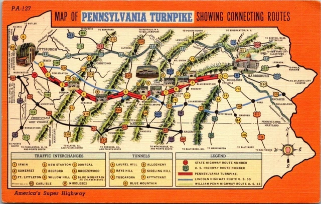 POSTCARD MAP OF Pennsylvania Turnpike Showing Connecting Routes ...