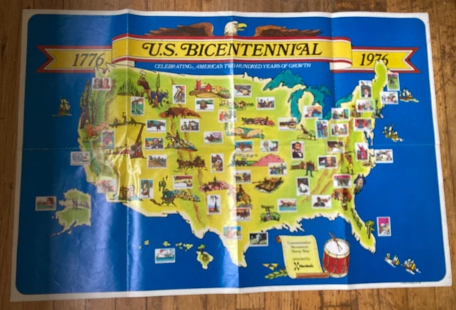VINTAGE 1975 HARDEES Food Commemorative Bicentennial Stamp Map with ...