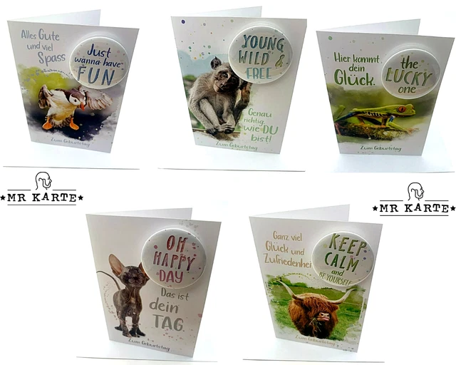 LUSTIGE TIER GEBURTSTAGSKARTE mit Button Klappkarte Glückwunschkarte Grußkarte EUR 3,95 ...