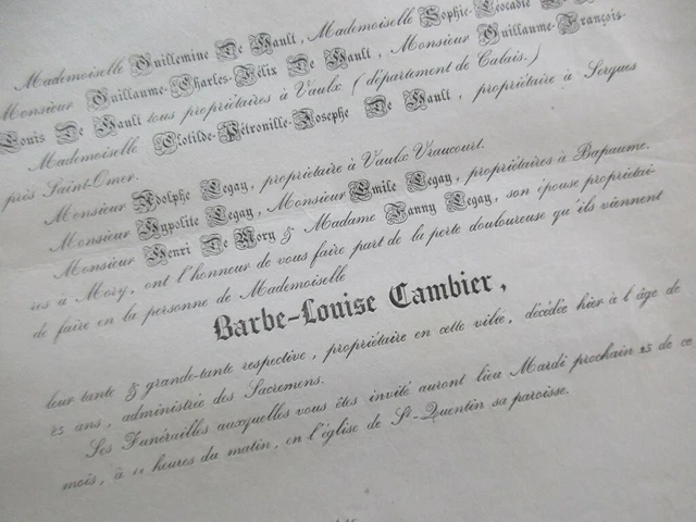 FAIRE PART DECES Barbe Louise Cambier 1845 Guillemine De Sault Tournay ...