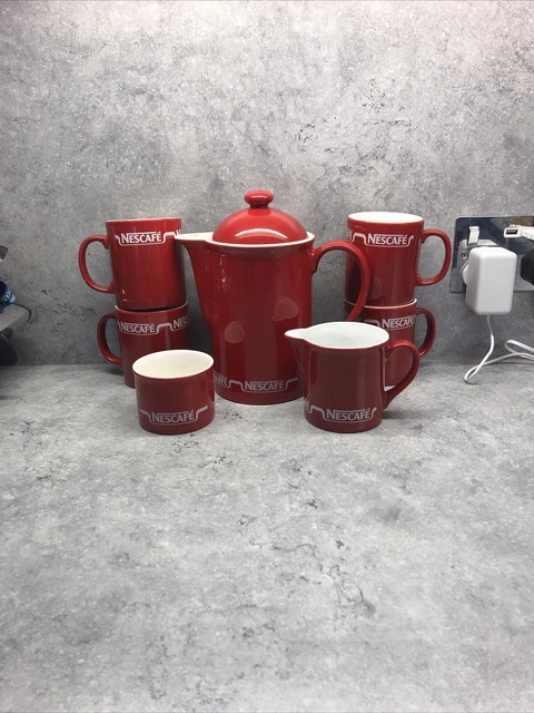 RED NESCAFÉ COLLECTORS set coffee pot milk jug and sugar bowl 4 mugs ...