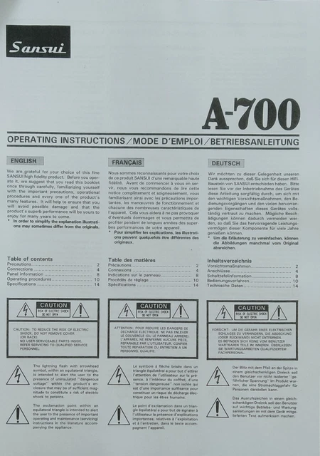 SANSUI A-700 - Hifi Stereo Amplifier Operating Instructions - USER ...