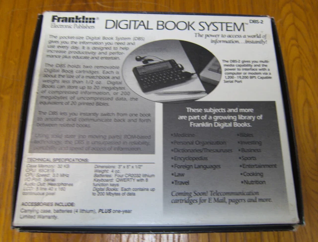 1993 FRANKLIN ELECTRONIC Publishers Digital Book System DBS-2 With ...