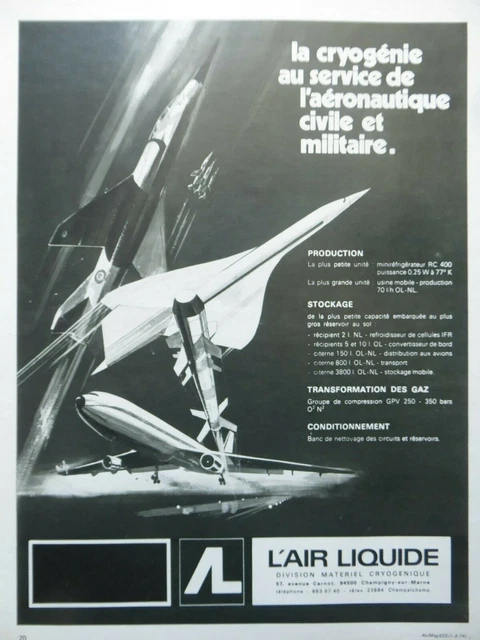 3/1974 PUB AIR Liquide Cryogenie Aeronautique Concorde Mirage F1 ...