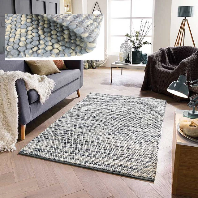 LARGE THICK CREAM Duck Egg Blue Pebbles Bobble 100% Wool 3D Rug ...