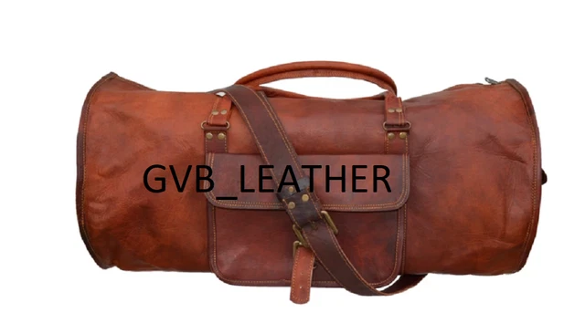 24& LARGE HANDMADE Round Travel Bag Vintage Cow Leather Luggage Duffel ...