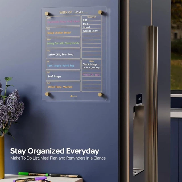 CLEAR GLASS WEEKLY Dry Erase Calendar & Menu Non-Magnetic Whiteboard ...