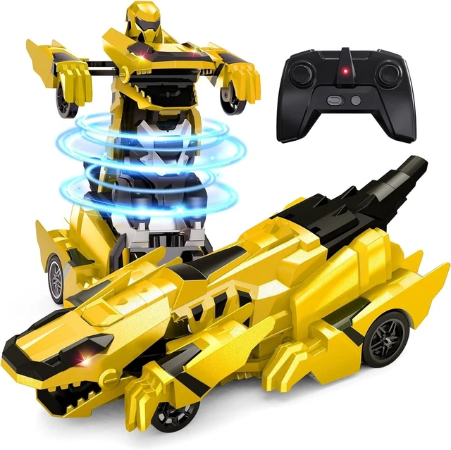 YELLOW TRANSFORMING DINOSAUR RC Car Robot 360° Spin LED Remote Kids Toy ...