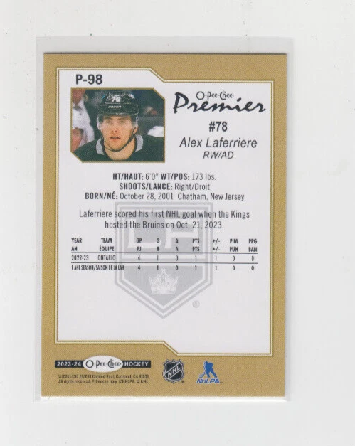 23/24 OPC PREMIER Los Angeles Kings Alex Laferriere Rookie RC card #P ...