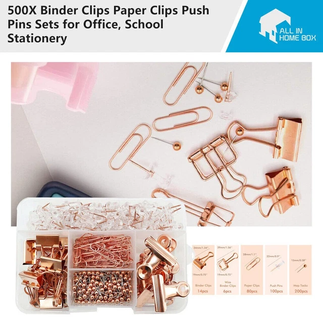 500X BINDER CLIPS Paper Clips Push Pins Sets W/ Box for Office,School ...