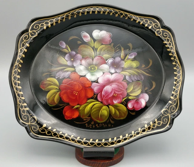 VINTAGE RUSSIAN ZHOSTOVO Floral Lacquered Metal Serving Tray Toleware £ ...