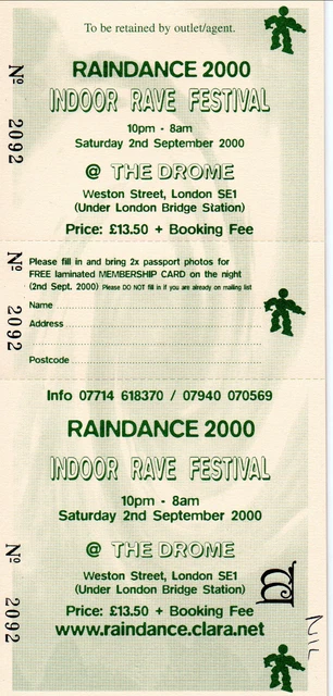 RAINDANCE TICKET 2/9/00 (Vollticket inkl. Stub) Classic Rave Flyer EUR ...
