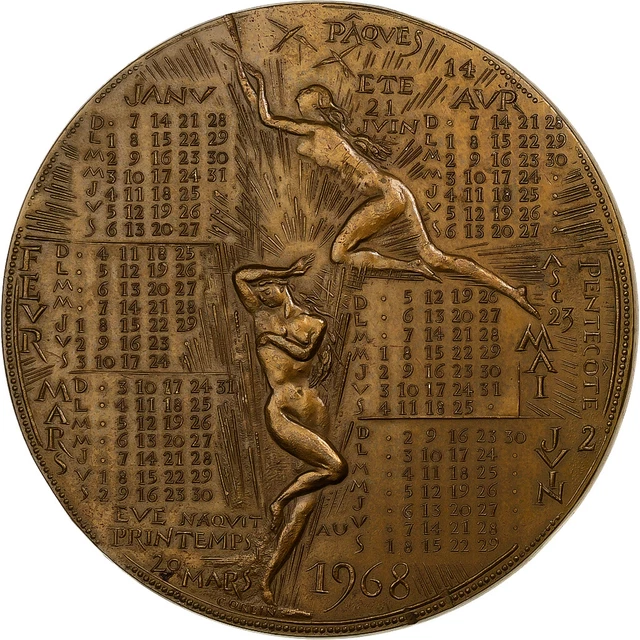 FRANCE, MÉDAILLE, CALENDRIER, Adam et Eve, 1968, Bronze, SUP+, Corbin ...