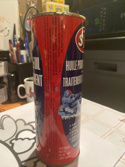 VINTAGE STP SNOWMOBILE Oil & Gas Treatment Tin Can Coin Bank 1972 (7 1/ ...