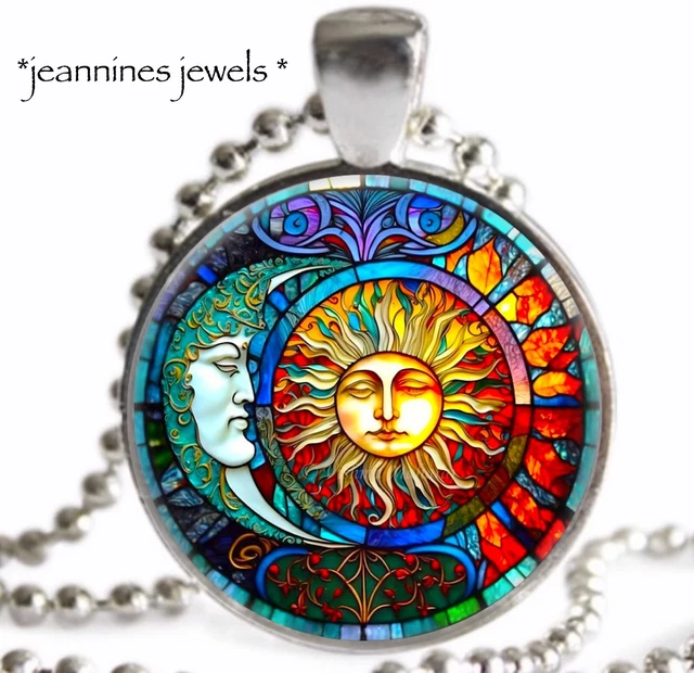 SUN MOON NECKLACE Rainbow FAUX Stained Glass ART PRINT Silver Charm ...