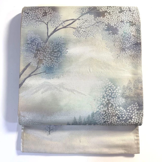 JAPANESE KIMONO FUKURO Obi Belt Silk Nishijin Ori Kirimine Silver White ...
